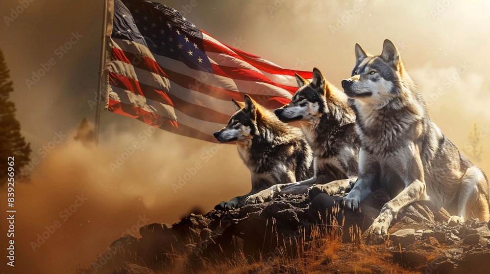 Majestic Gray Wolf Pack Resting Beneath the US Flag on Hilltop ...