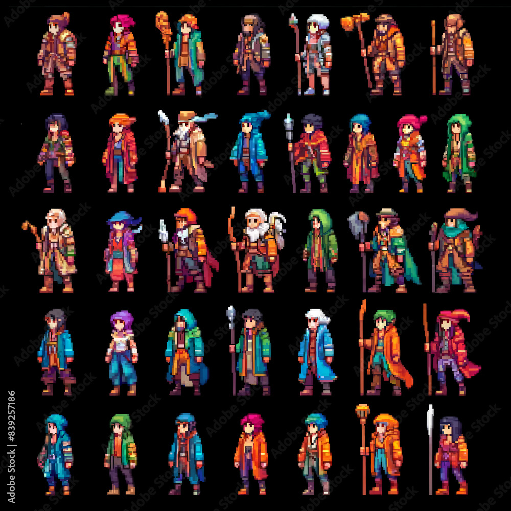 RPG-style pixel art travelers icons sprite sheet Stock Illustration ...
