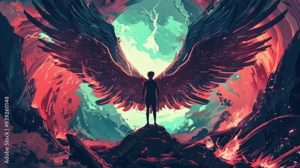 The angel Lucifer in the black abyss, 2D illustration digital art style ...