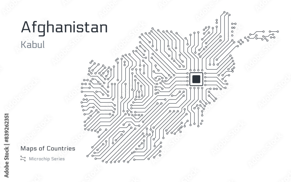 Afghanistan Map with a capital of Kabul Shown in a Microchip Pattern ...