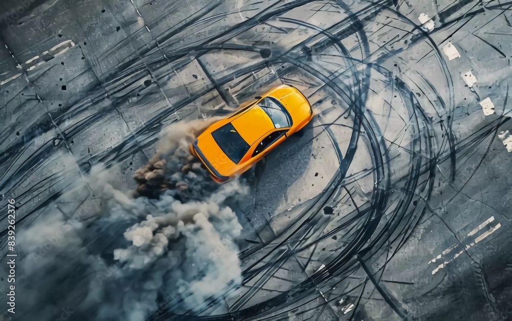 Aerial top view professional driver drifting lack car on asphalt road ...