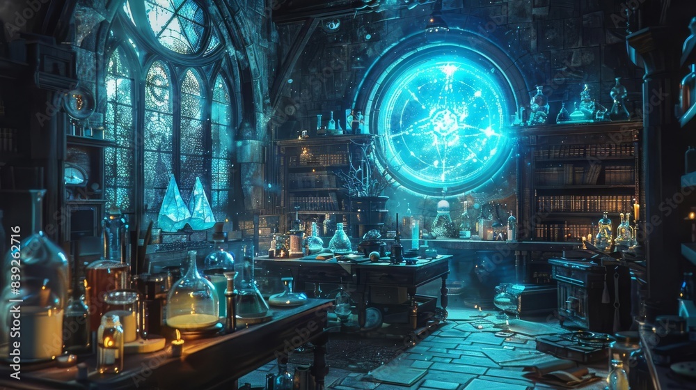 Lab as a wizards tower, equipment as magical artifacts, fantasy concept ...