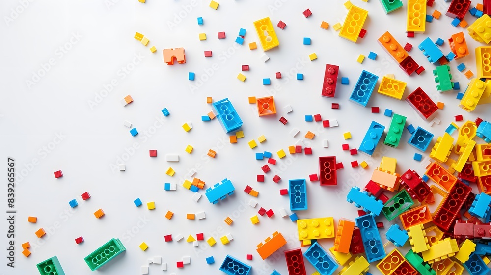 White background with colorful Lego pieces scattered around, creating ...