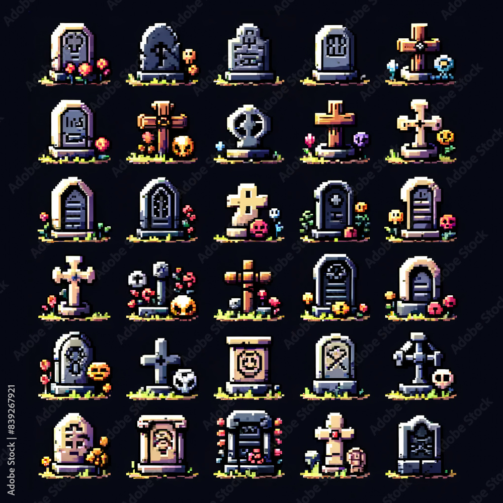Pixel Art RPG Tombstone Icons Stock Illustration | Adobe Stock