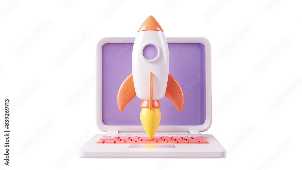 Colorful 3d style rocket taking off from laptop png, isolated on white ...