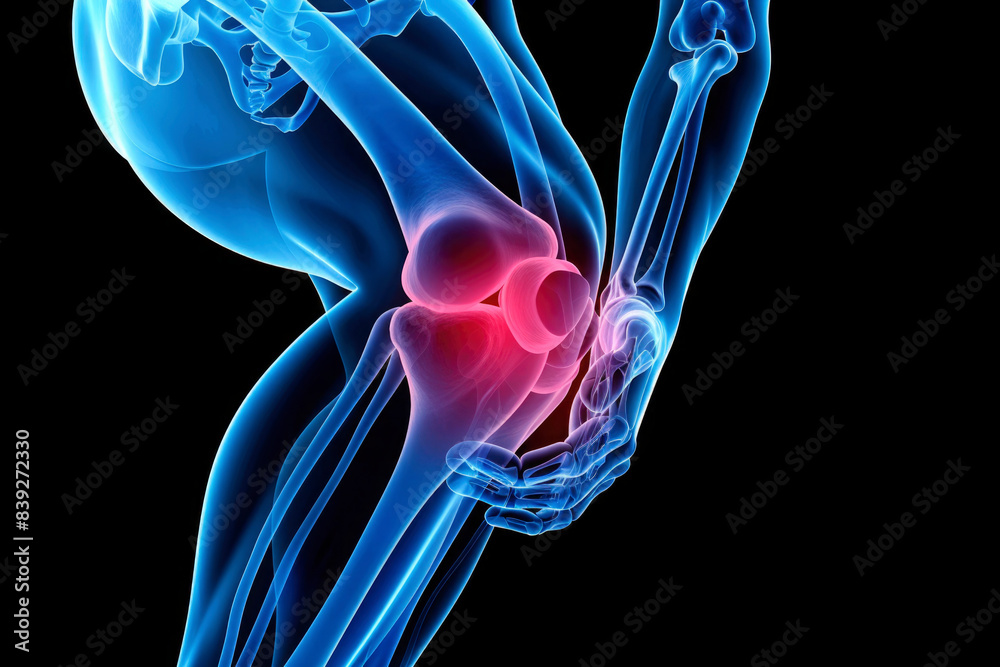 close-up, knee pain, x-ray of bones with a red glow, meniscus damage ...