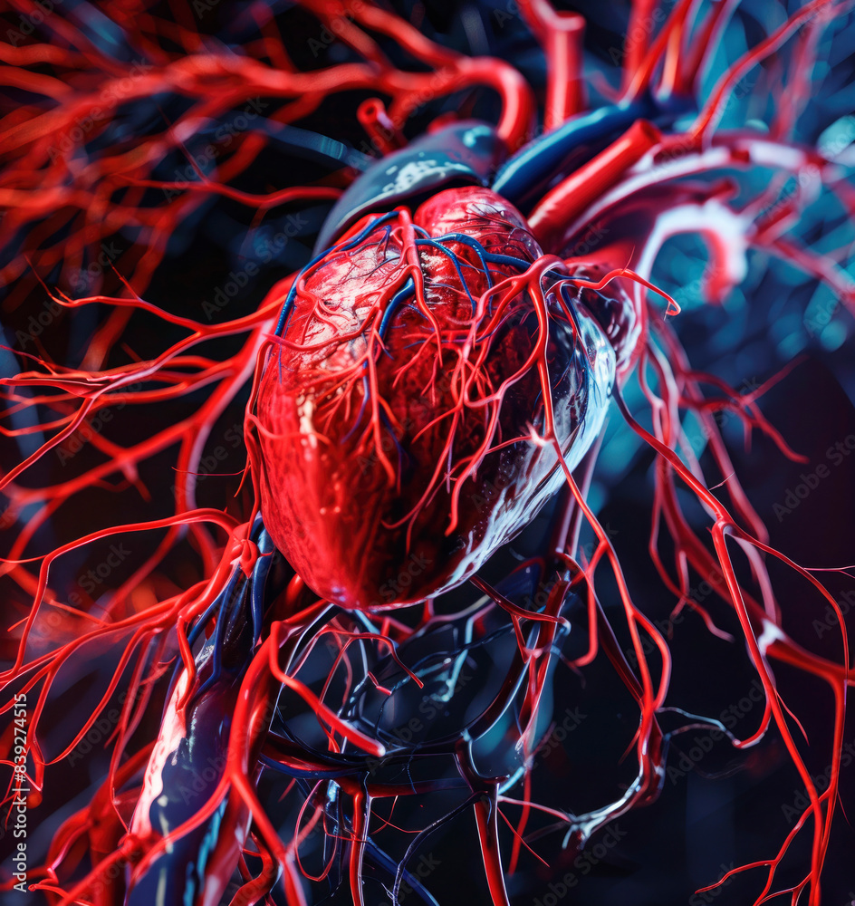 red pulsating heart with veins, anatomy of a human organ, myocardial ...