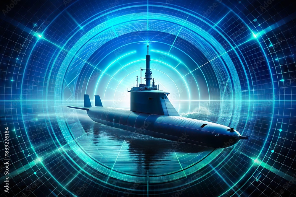 submarine ship on glowing radar scan interface. Military sensor ...