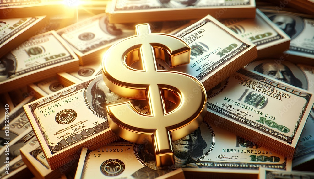 Golden Dollar Sign on a Pile of Hundred Dollar Bills, A large, golden ...