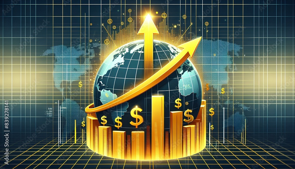 golden arrow rising upward around a globe with a bar chart, signifying ...