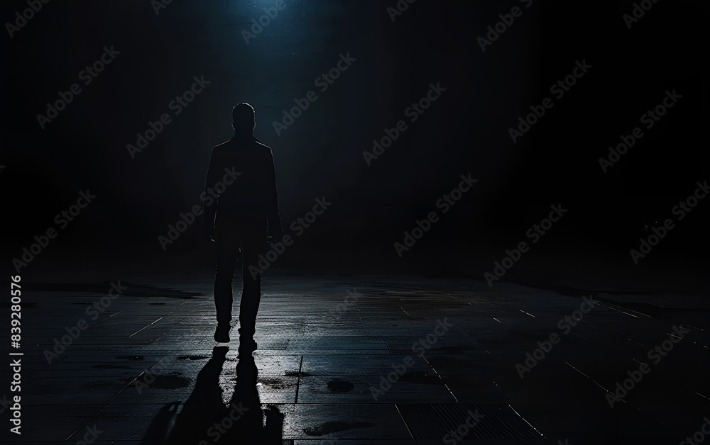 ภาพประกอบสต็อก Silhouette of man going away in darkness. Back view male ...