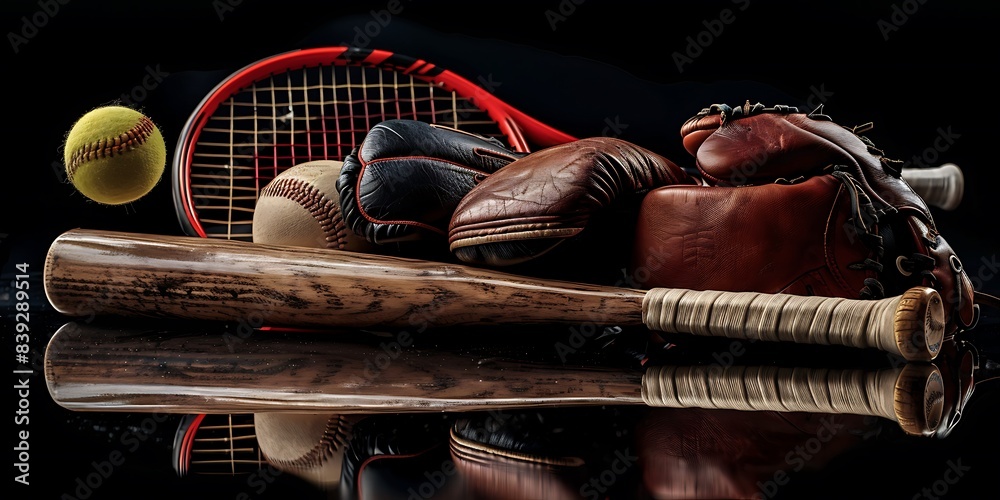 A pile of sports equipment including baseball bat, tennis racket and ...