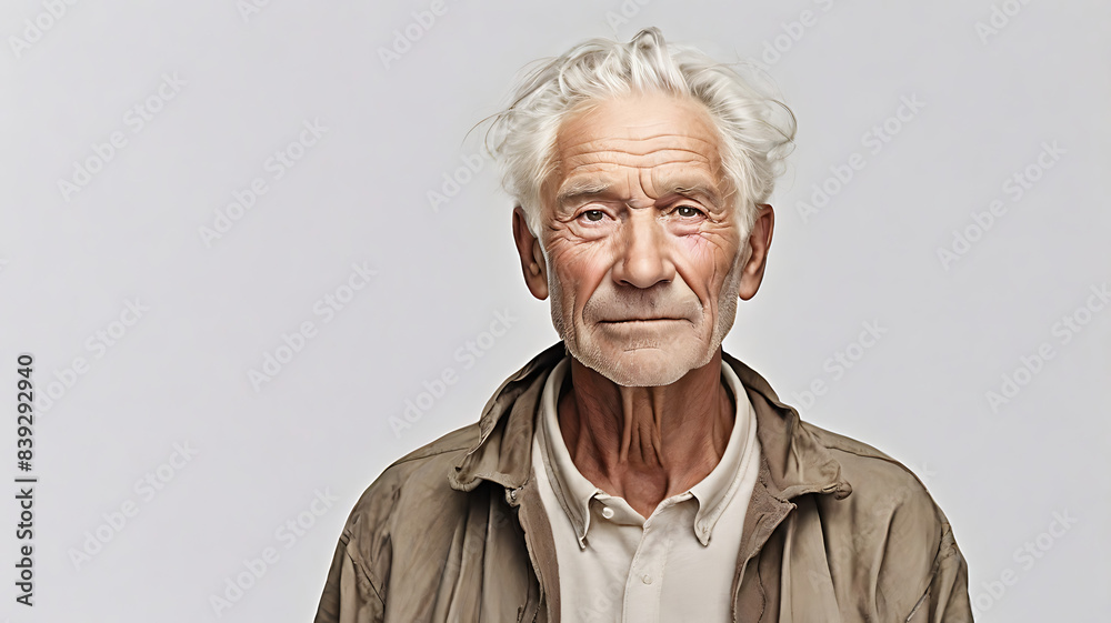 Portrait of an old man with wrinkled face on a plain white background ...