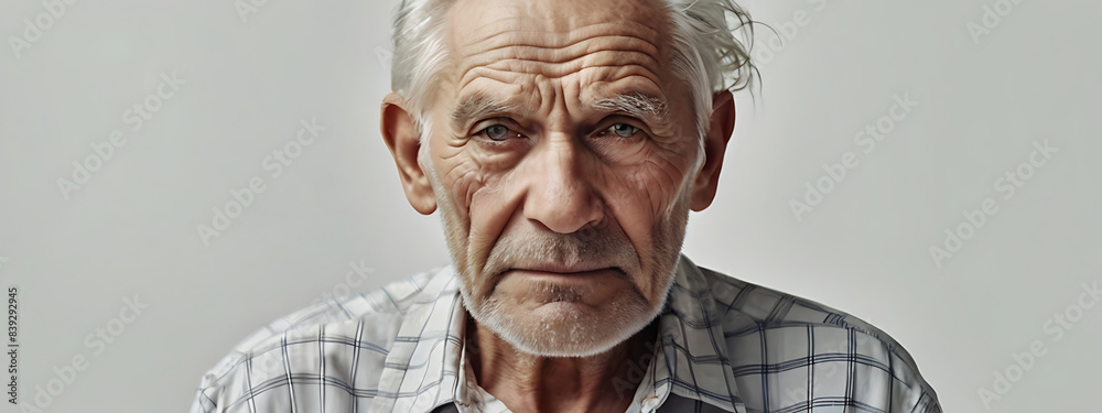 Portrait of an old man with wrinkled face on a plain white background ...
