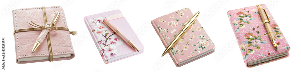Collection of pink notebooks with floral designs and pens on ...