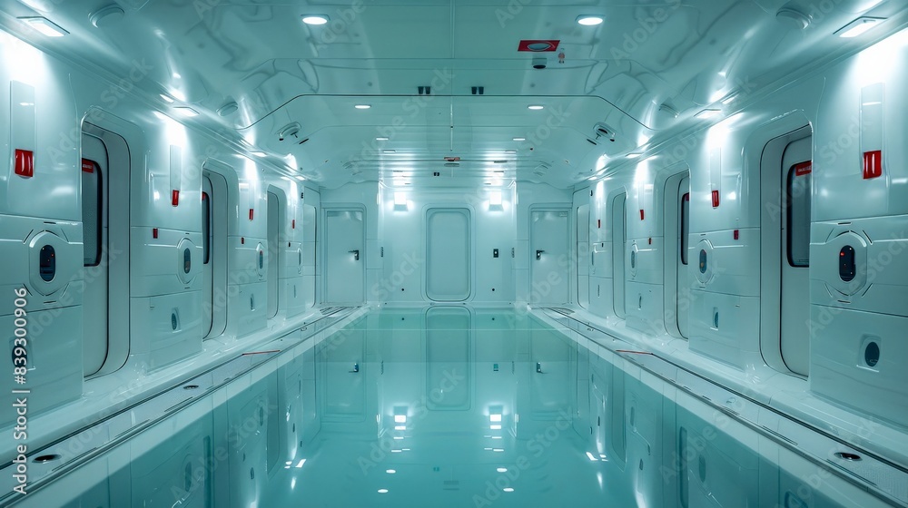 Eerie and Calm Long Narrow Room with Central Pool of Water and Crystal ...