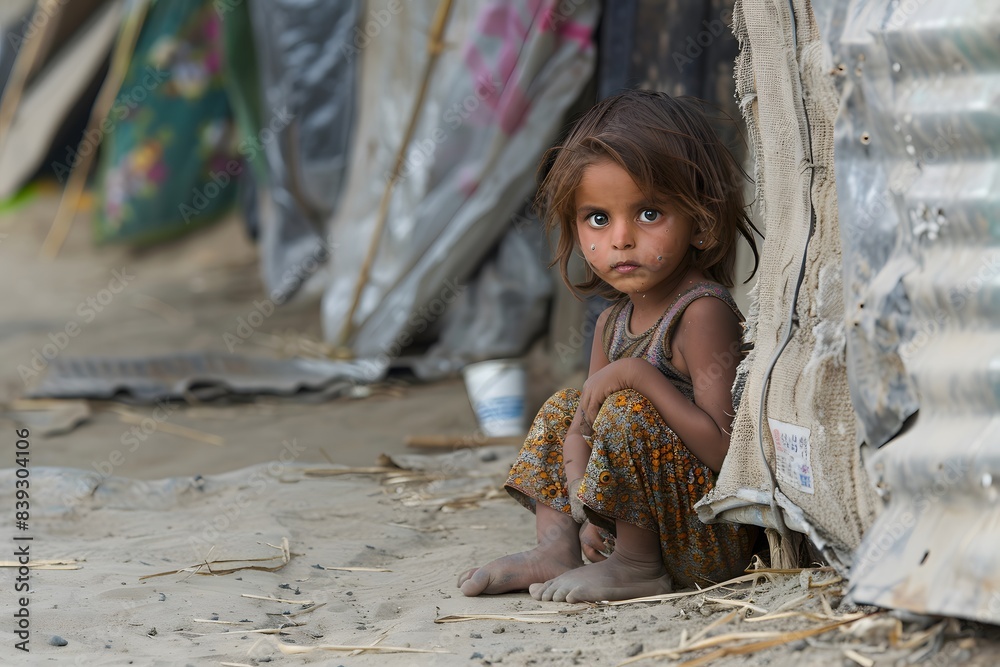 Young girl sitting near a makeshift shelter, reflecting poverty and ...