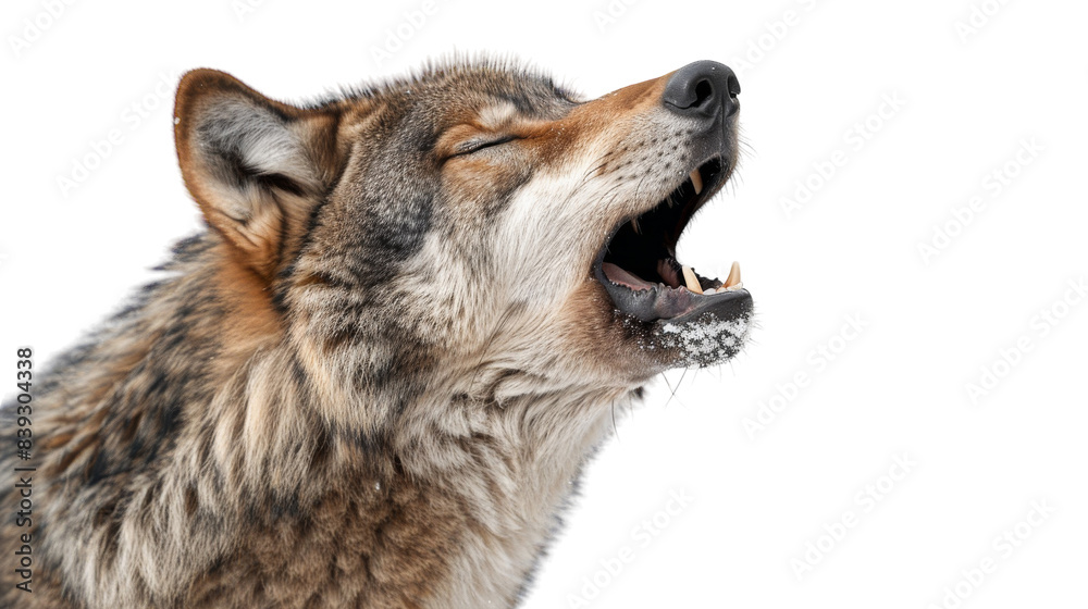 A gray wolf howls with its mouth open, showing its teeth and tongue ...