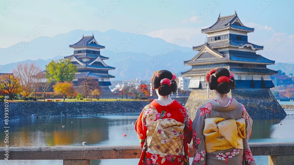 Two geishas wearing traditional japanese kimono among Matsumoto Castle ...