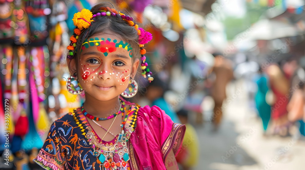 Portrait of a young girl with traditional face paint, wearing colorful ...