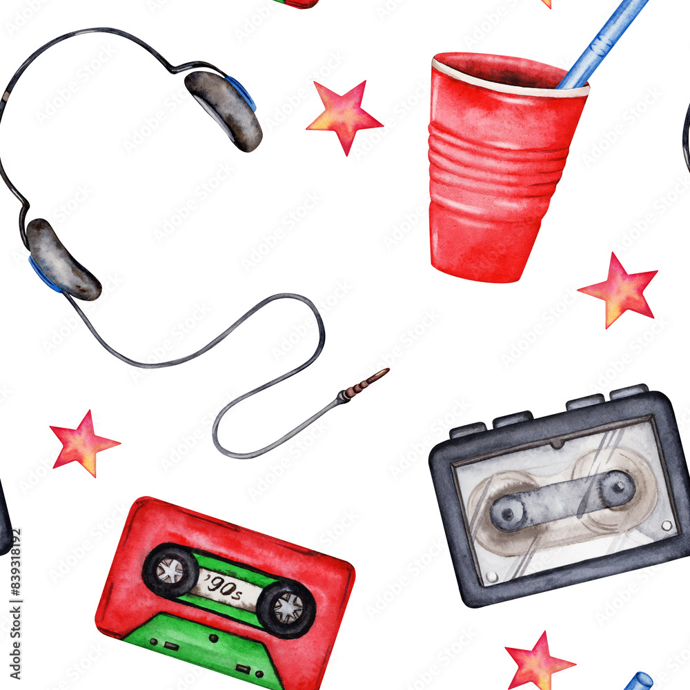 Headset, red cup, star, walkman and tape seamless pattern. Hand drawn ...