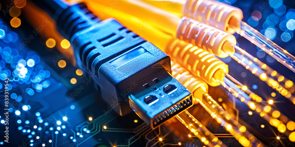 Ethernet cables connected to glowing ports on a network switch ...