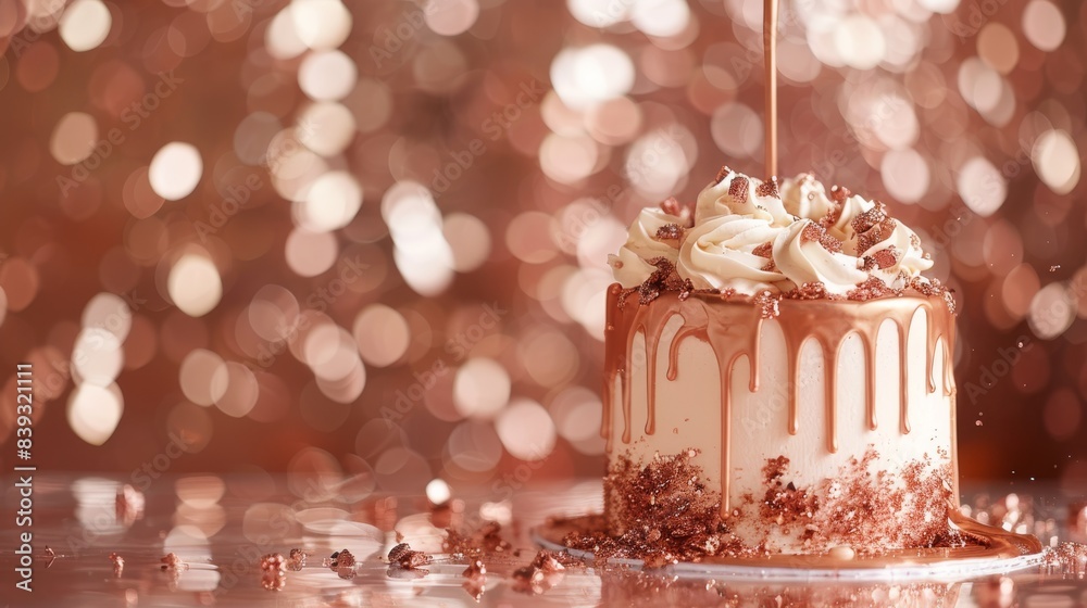 A rose gold birthday cake with metallic accents, in front of a ...