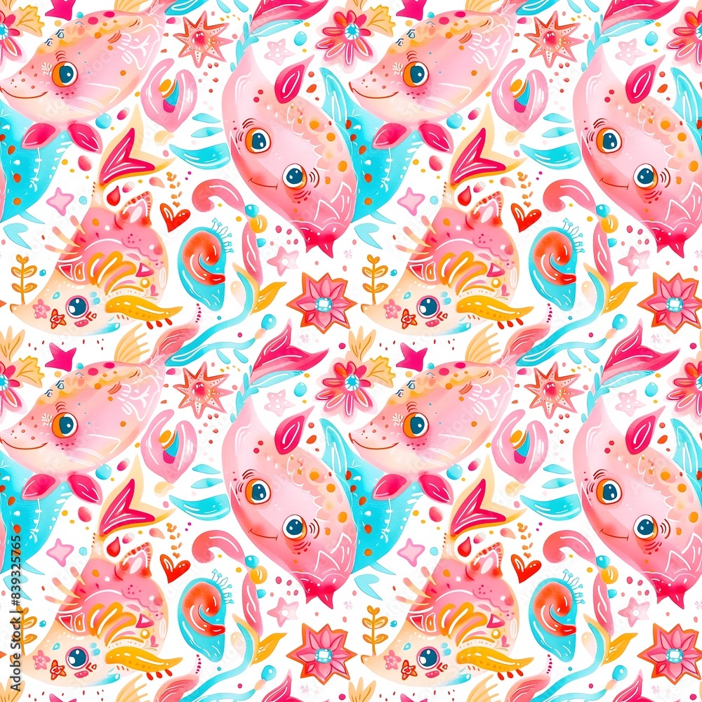 Seamless children's fantasy style pattern in bright baby pink colours ...