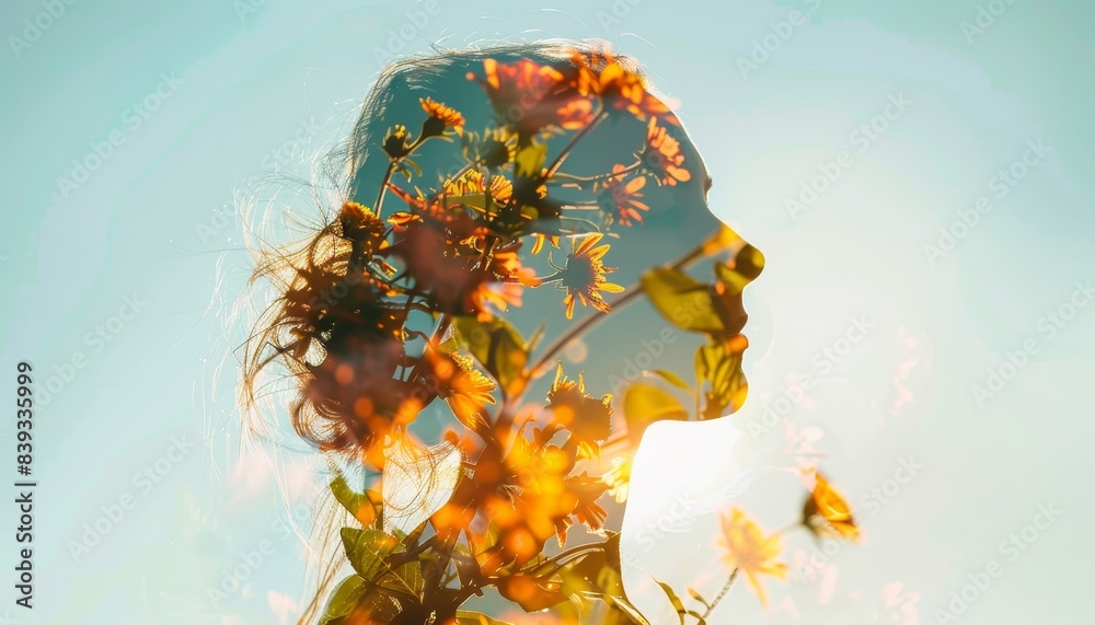 Double exposure profile portrait of a young, happy natural blonde woman ...
