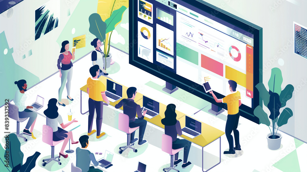 An animated illustration of a dynamic, diverse team interacting in a ...