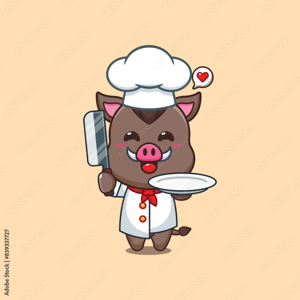 Cute chef wild boar with knife and plate cartoon vector illustration ...