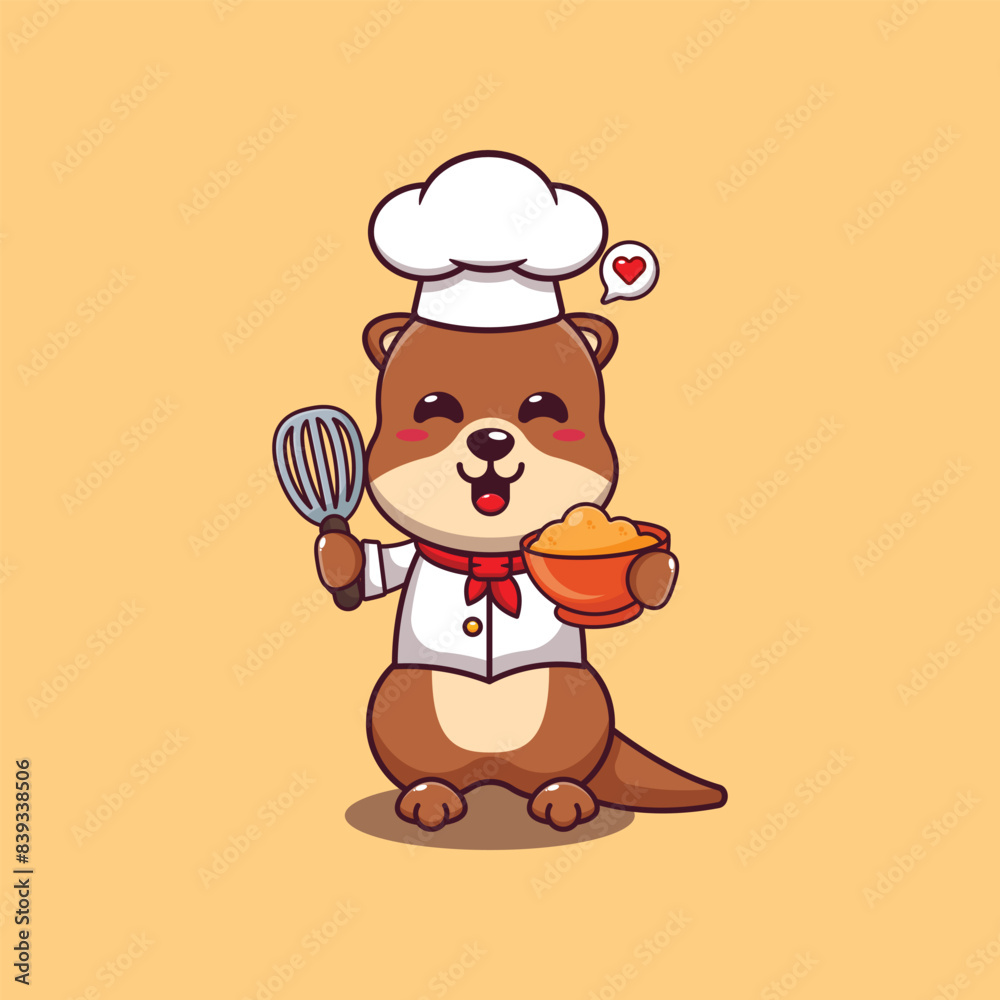 Cute chef otter making cake batter cartoon vector illustration Stock ...