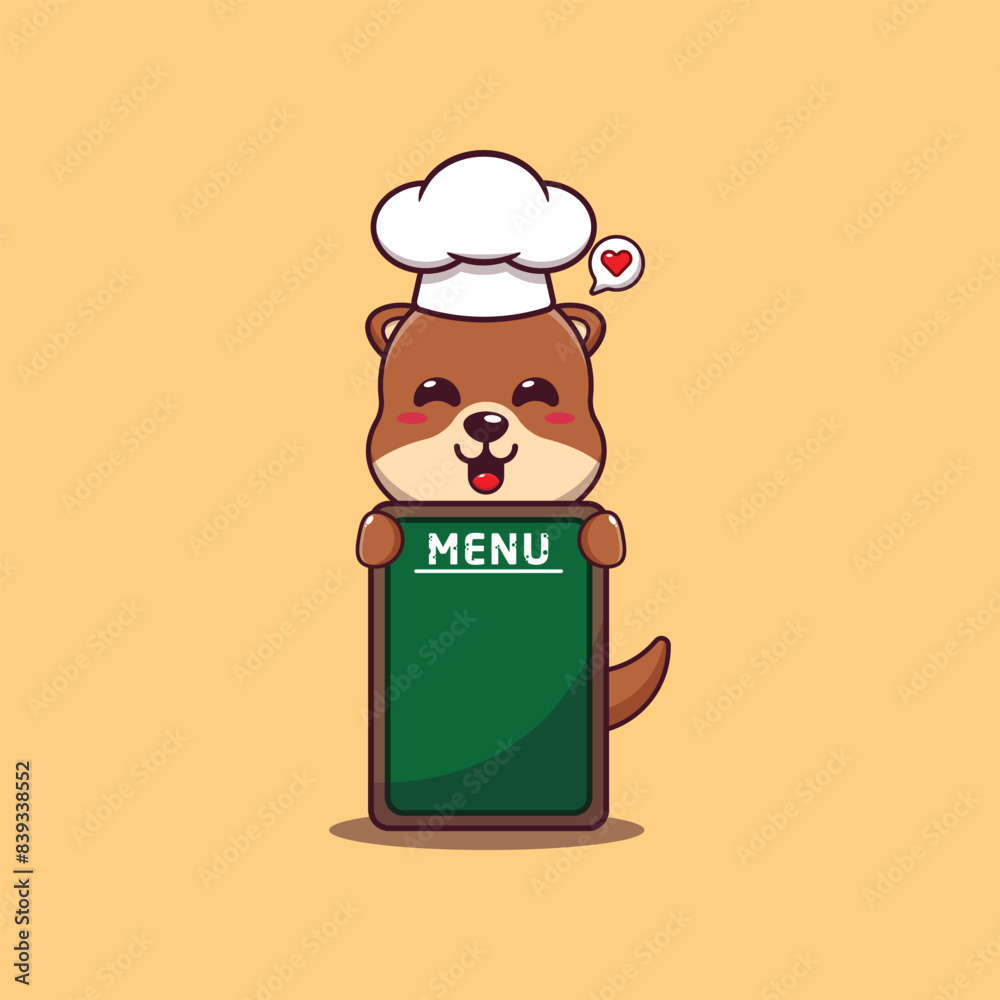 Cute chef otter with menu board cartoon vector illustration Stock ...