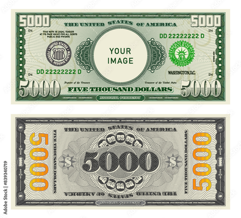 Vector highly detailed fictional beautiful 5000 US dollar banknote ...