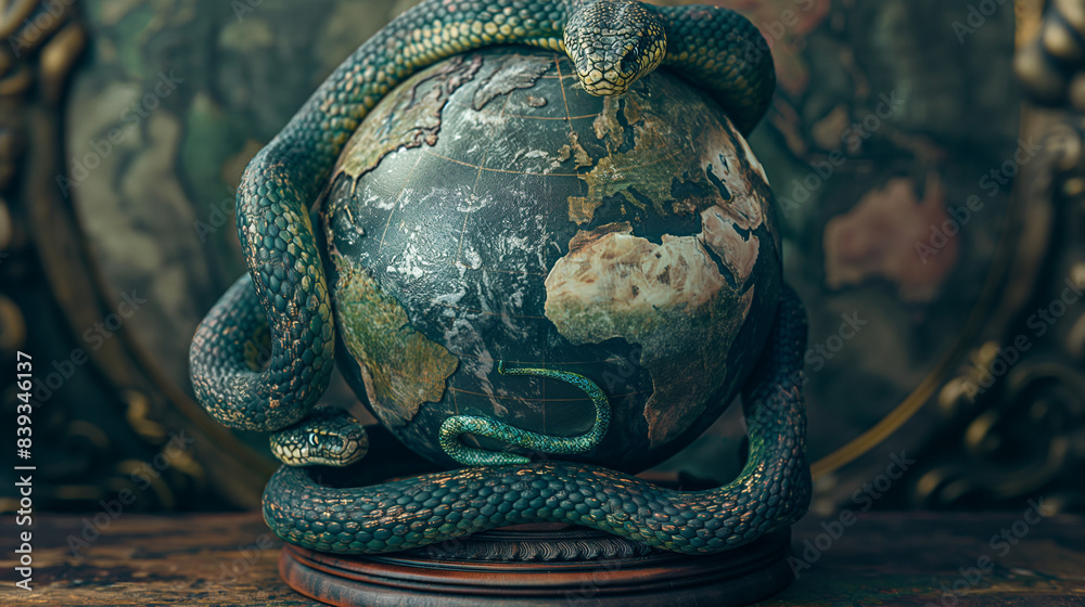 The illustration showcases a traditional world globe entwined by a ...
