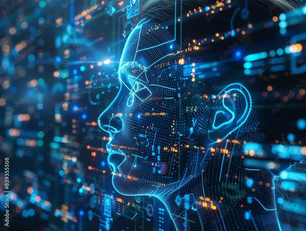 Machine learning model training, complex algorithms on screens, focused ...