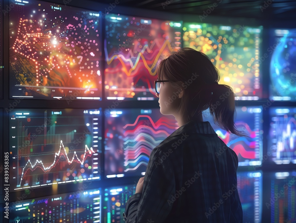 Data scientist visualizing machine learning results, colorful and detailed charts, professional ...