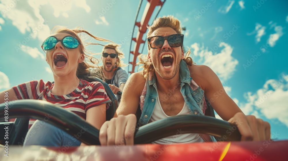 Friends scream and laugh while enjoying the thrill of a roller coaster ...