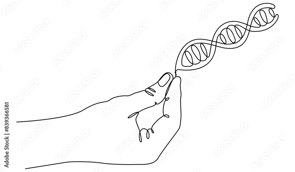 Hand holding DNA continuous one line drawing. Genome linear structure ...