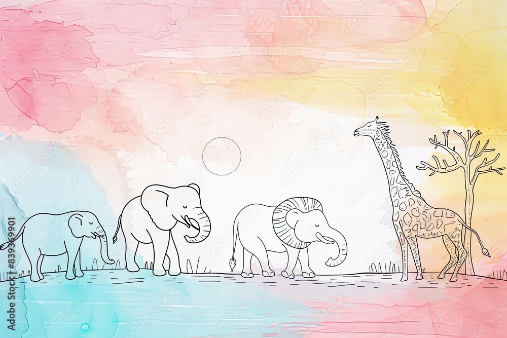 Minimalist line drawings of friendly animals like elephants, giraffes ...