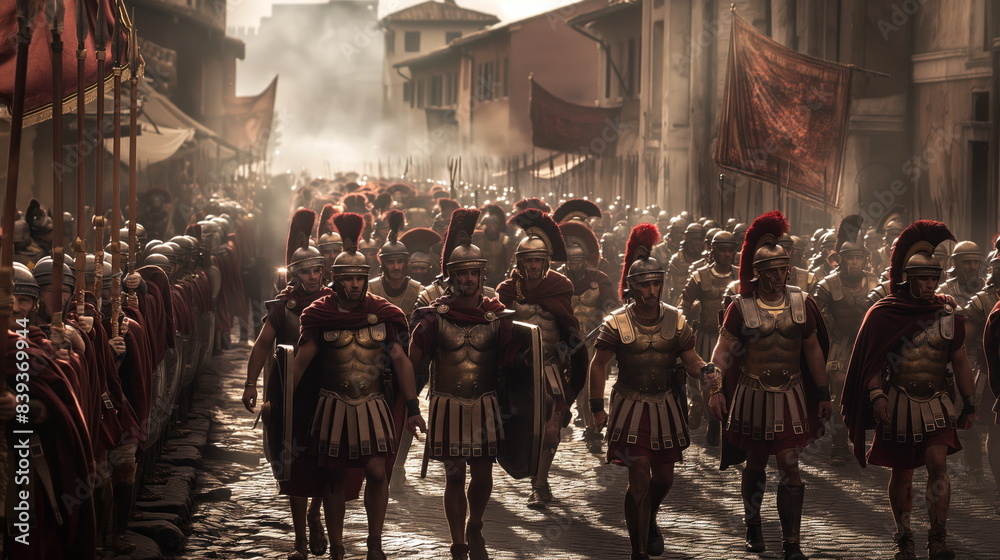 Roman legion marching triumphantly through the ancient streets of Rome ...