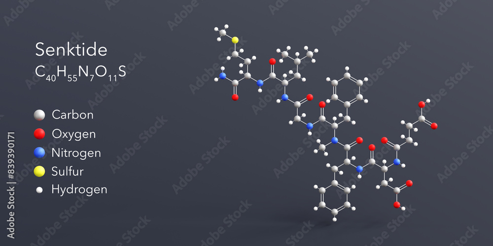 senktide molecule 3d rendering, flat molecular structure with chemical ...