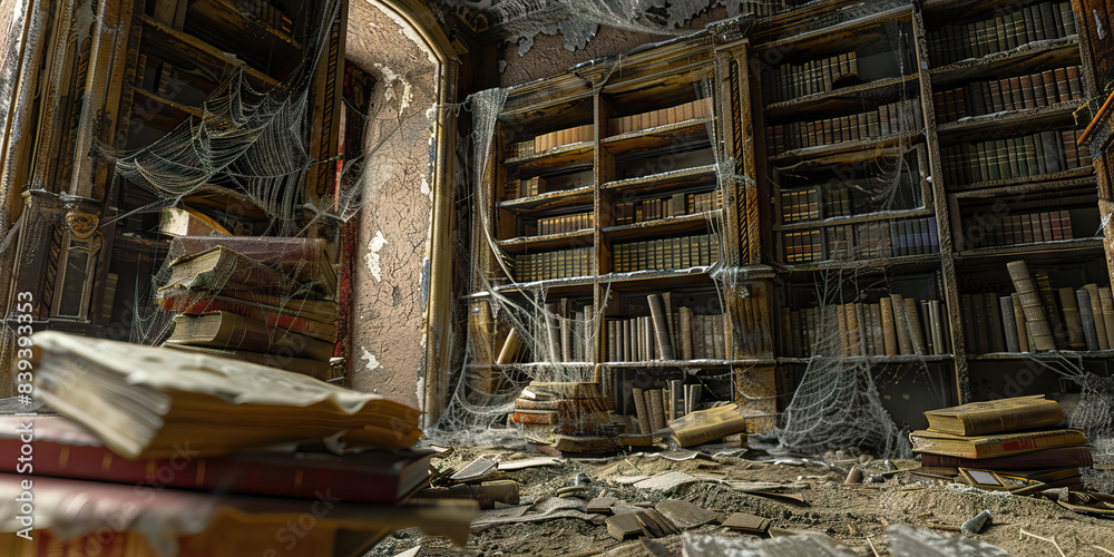 The Forgotten Library: A dilapidated room filled with dusty tomes and ...