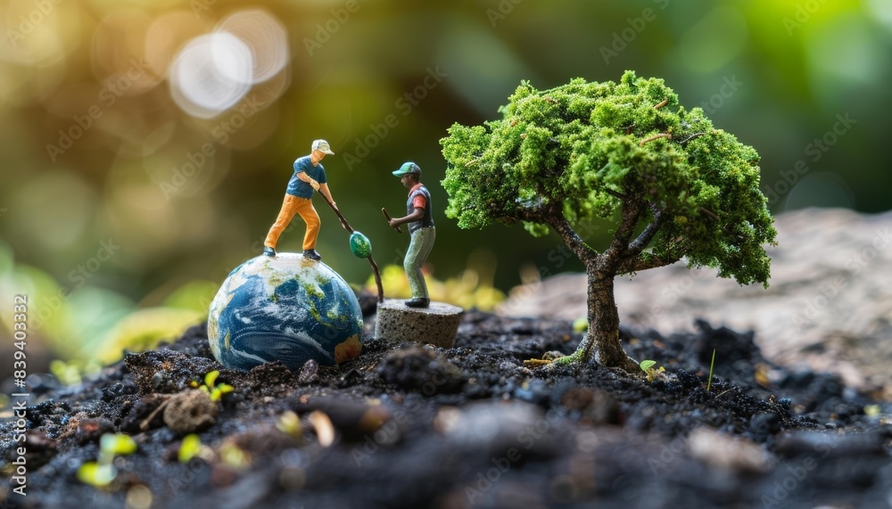 Miniature figures working on a small globe with plants. Symbolic ...
