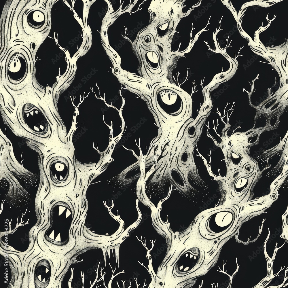 Nightmarish Tree Pattern - Eerie, Contorted Trees with Eyes and Mouths ...