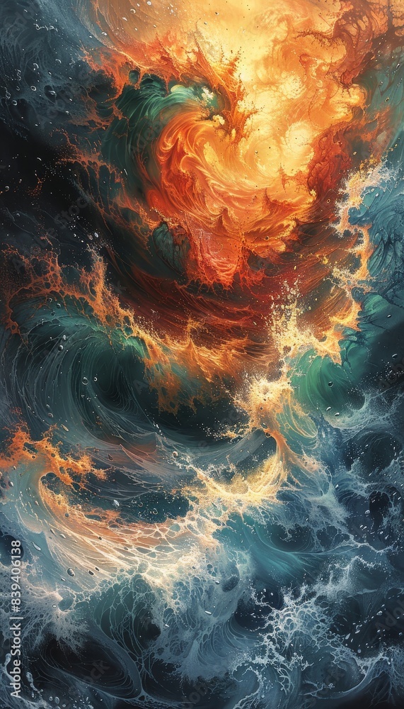 Abstract digital art depicting a fiery swirl blending with dynamic ...
