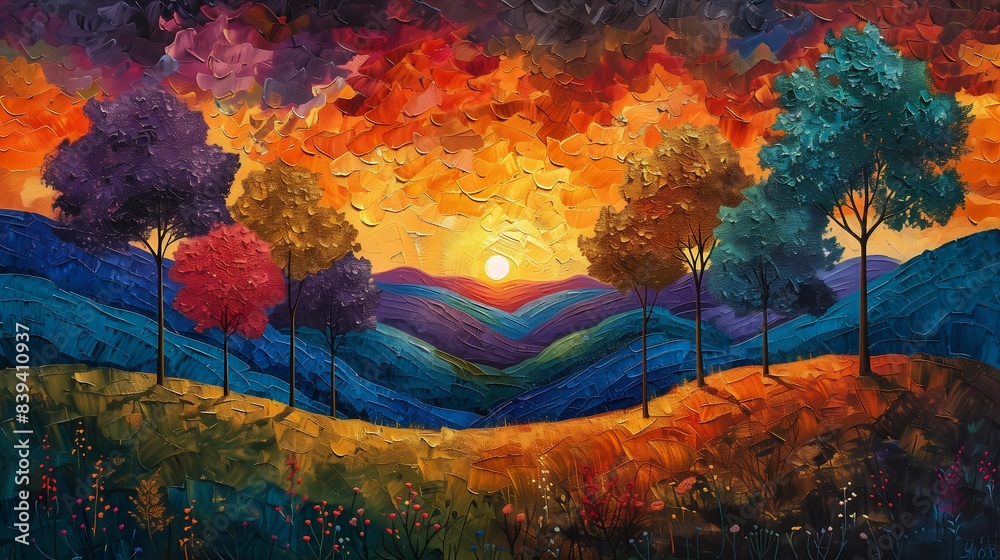 landscape trees hills sunset layered paper color field deep impasto ...