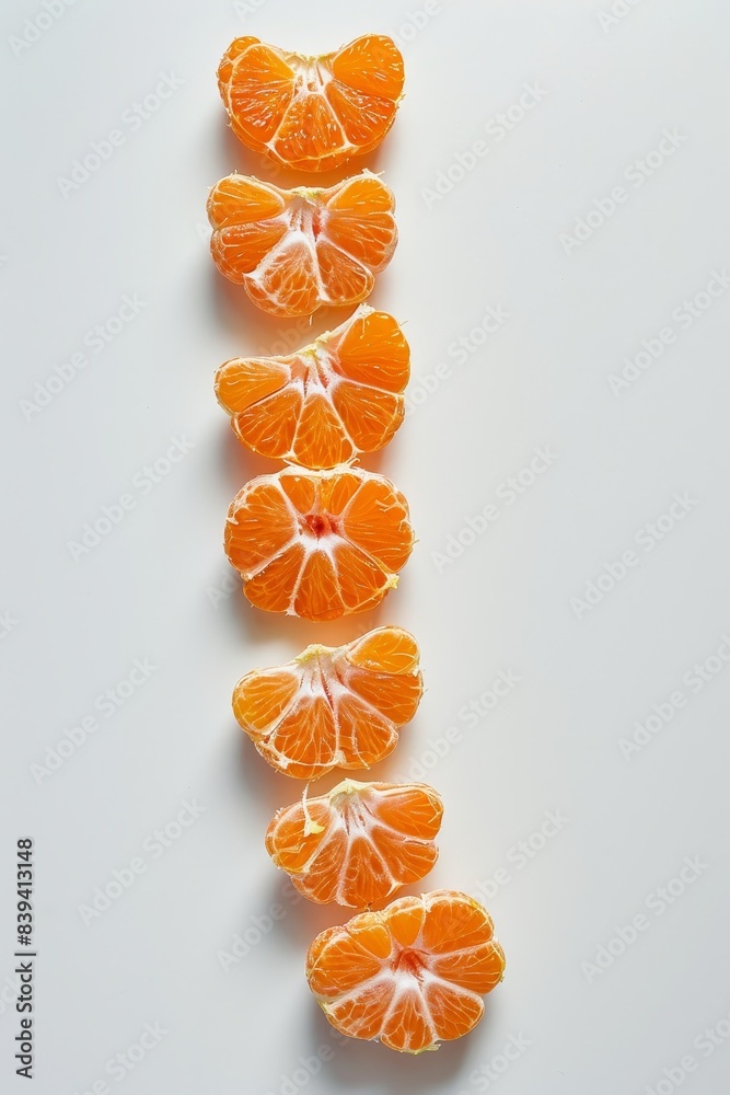 Top view of neatly arranged orange segments in a vertical line on a ...