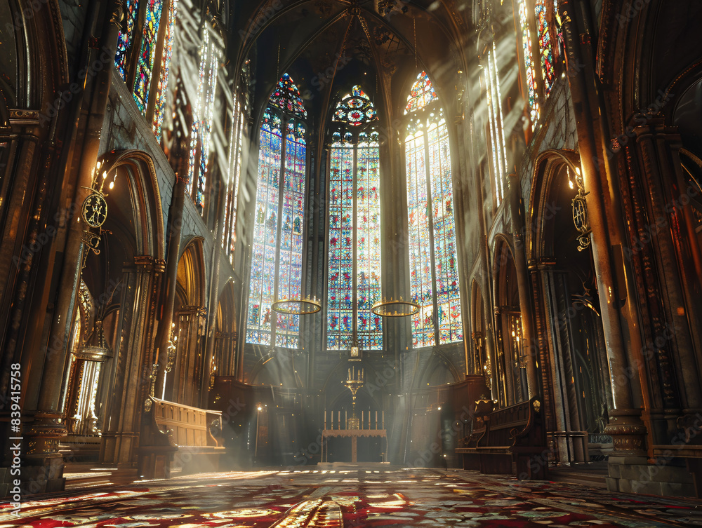 A majestic cathedral with sunlight streaming through stained glass ...