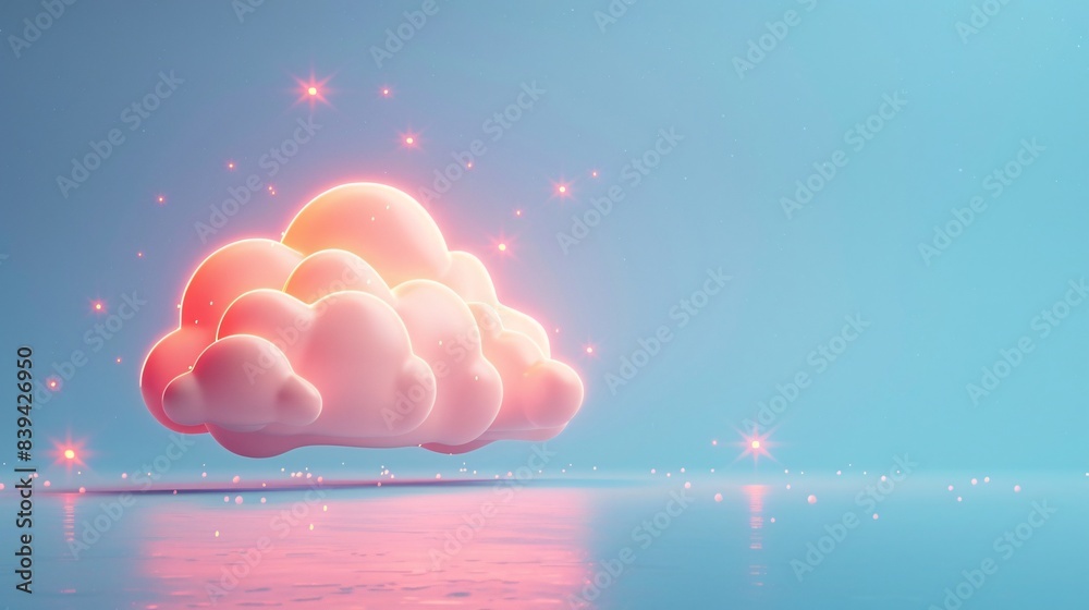 Whimsical pink cloud floating above a serene reflective surface, with ...